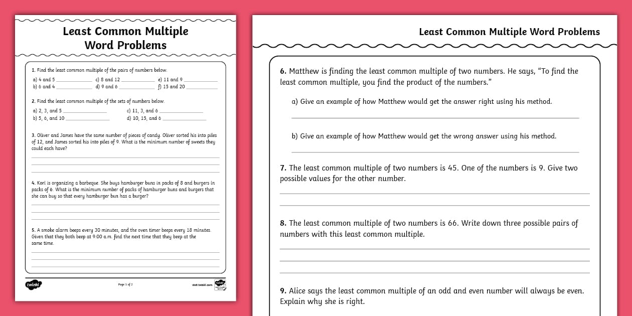 Sixth Grade Least Common Multiple Word Problems - Twinkl