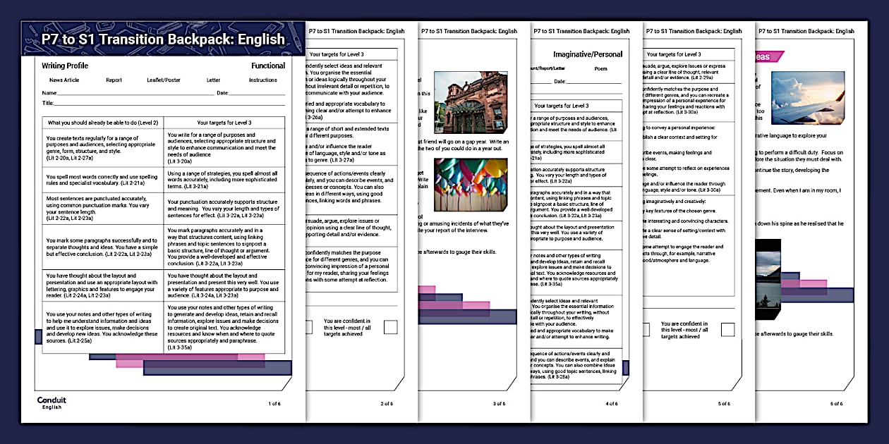 P7 to S1 Transition Backpack: English (Teacher-Made)