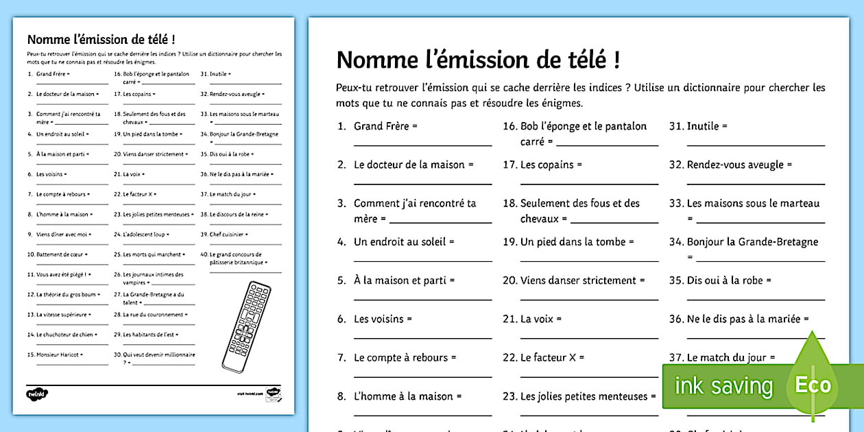 Name the TV Programme Worksheet / Worksheet French - Twinkl
