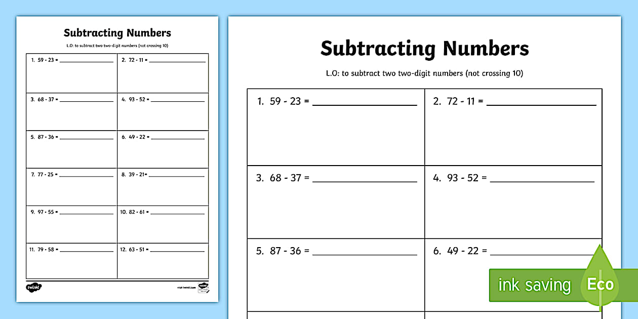 Editable Subtracting Two 2-Digit Numbers Not Crossing 10 Worksheet