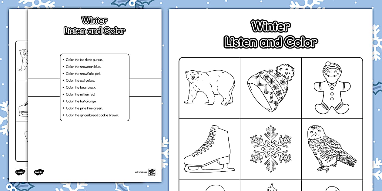 Winter Listen and Color Activity Worksheet (teacher made)