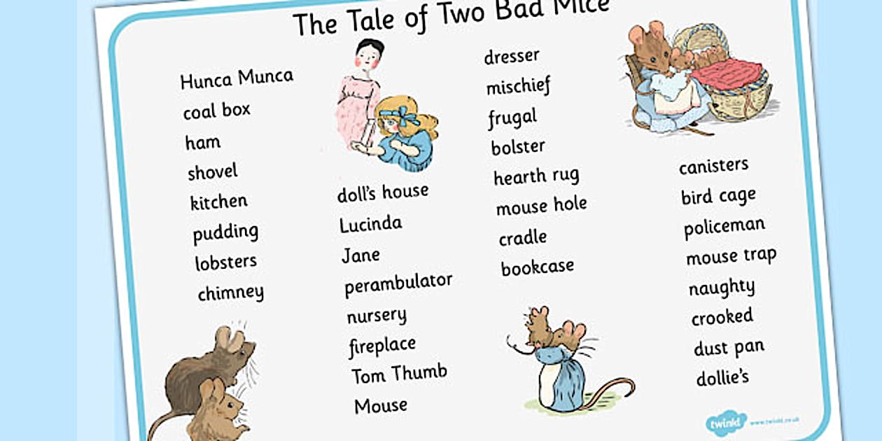 Cursive The Tale of Two Bad Mice Word Mat (Beatrix Potter)