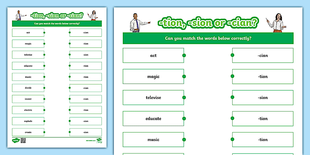 -tion, -sion, -cian Matching Worksheet (teacher made)