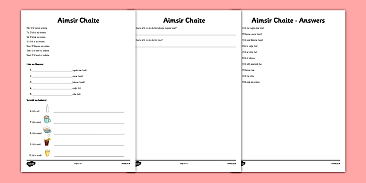 Black and White Gaeilge - Bia: Worksheet, An Aimsir Chaite, Ól