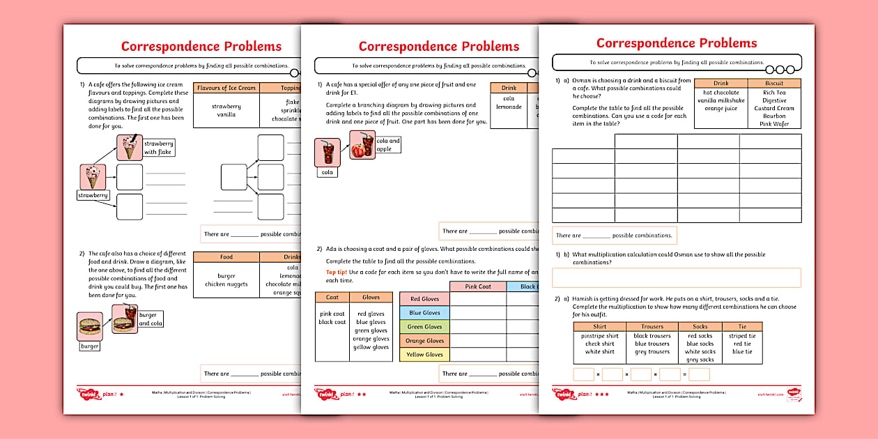 👉 Correspondence Problems Differentiated Maths Activity Sheets