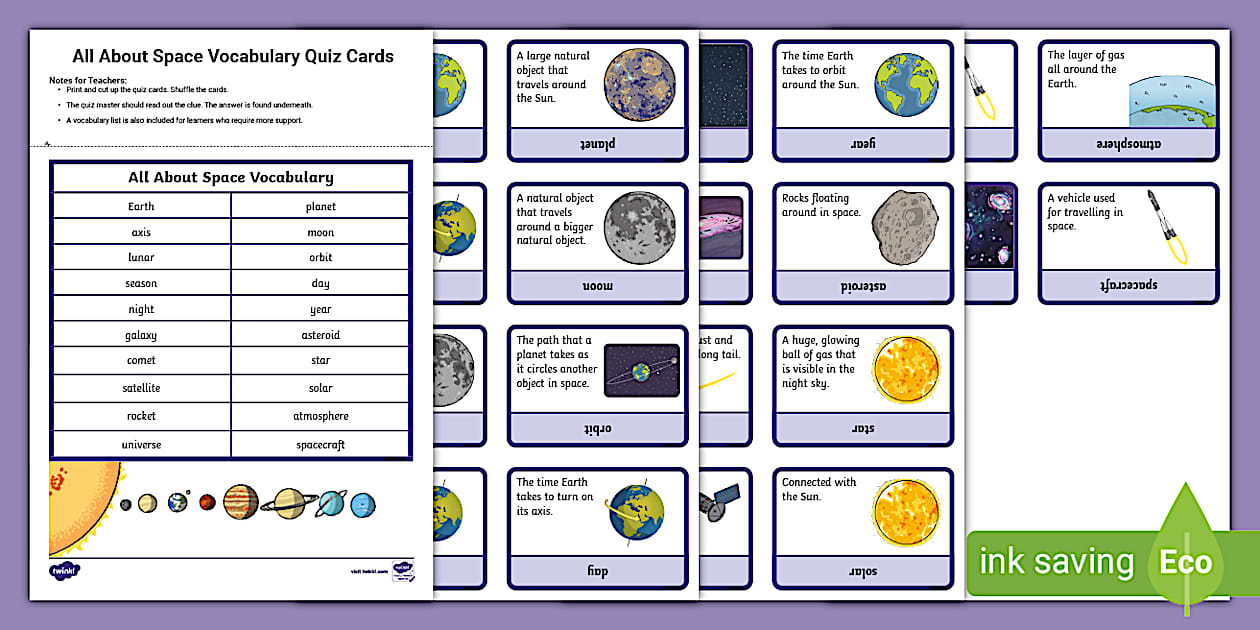 All About Space Vocabulary Quiz Cards (Teacher-Made)