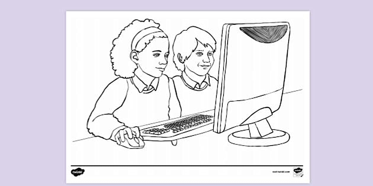 Two Children at a Computer Colouring Sheet - Twinkl