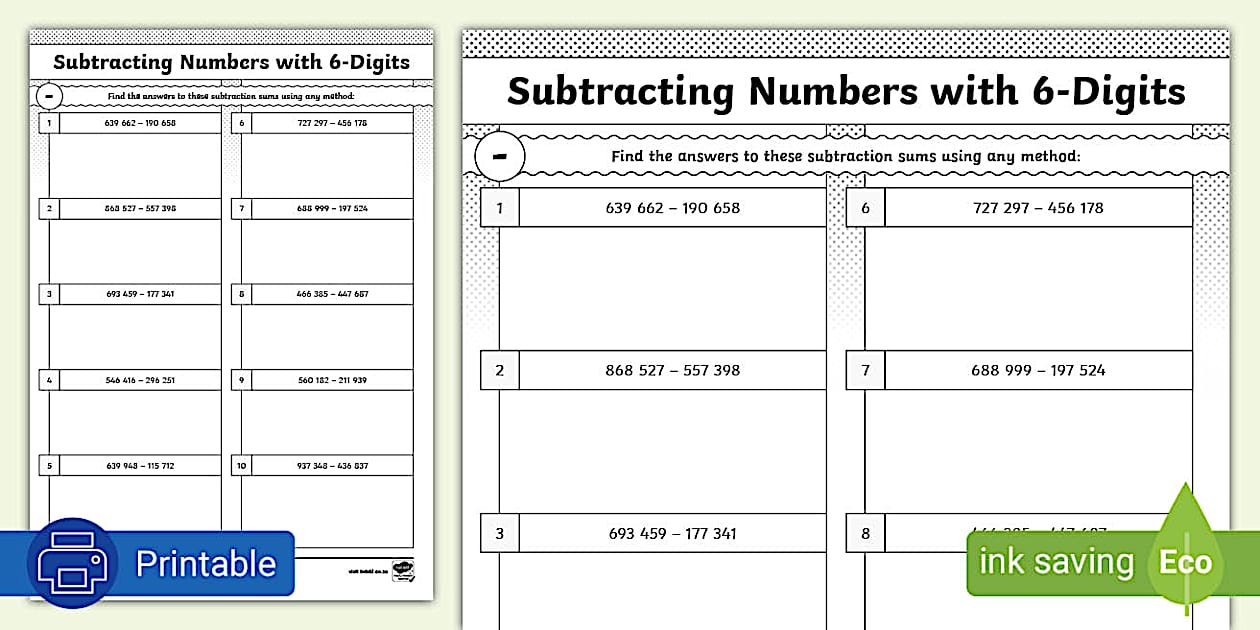 Subtracting Numbers with 6-Digits Activity Sheet - Twinkl