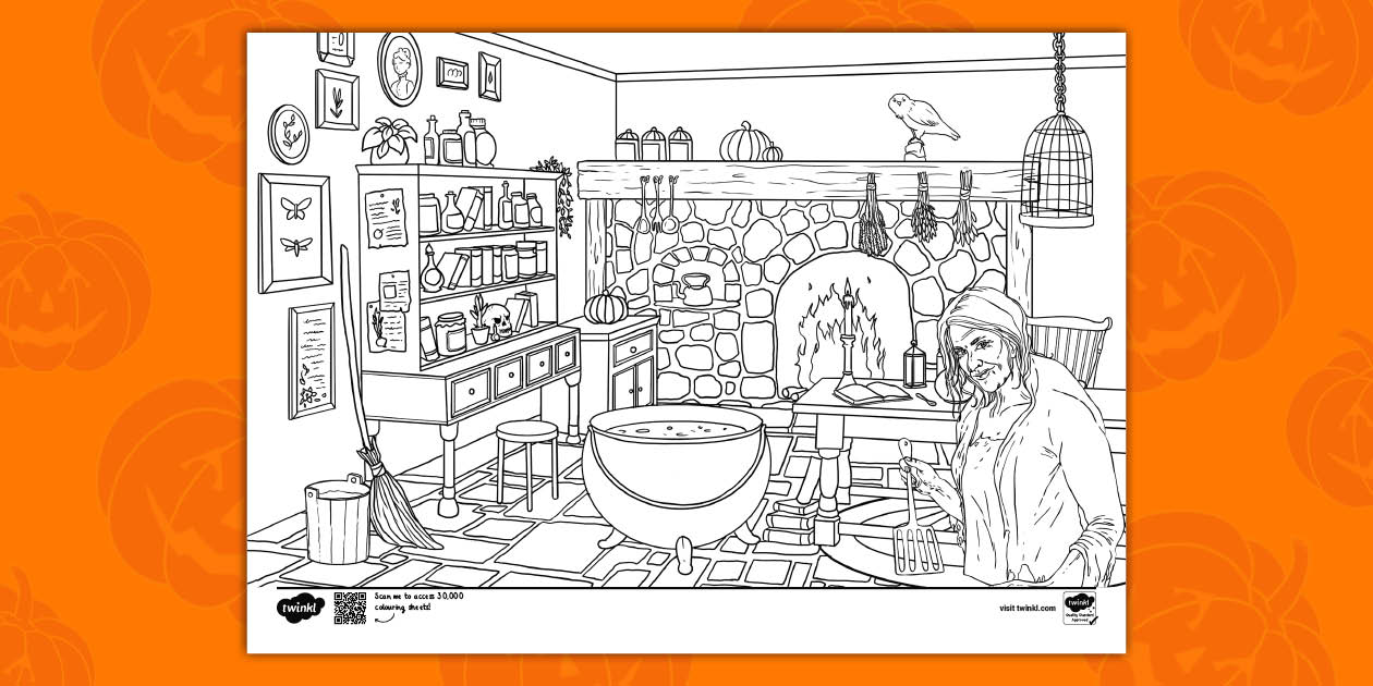 Witch's Kitchen Scene Halloween Colouring Sheet - Twinkl