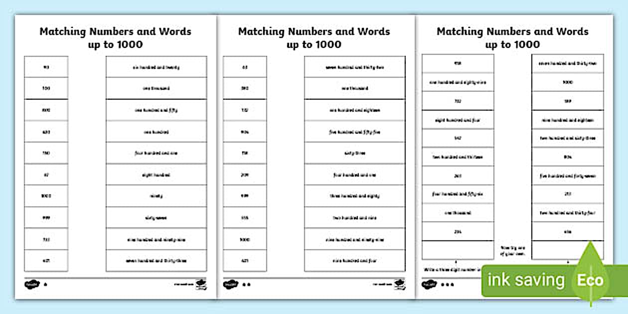 Editable Matching Numbers and Words up to 1000 Worksheet