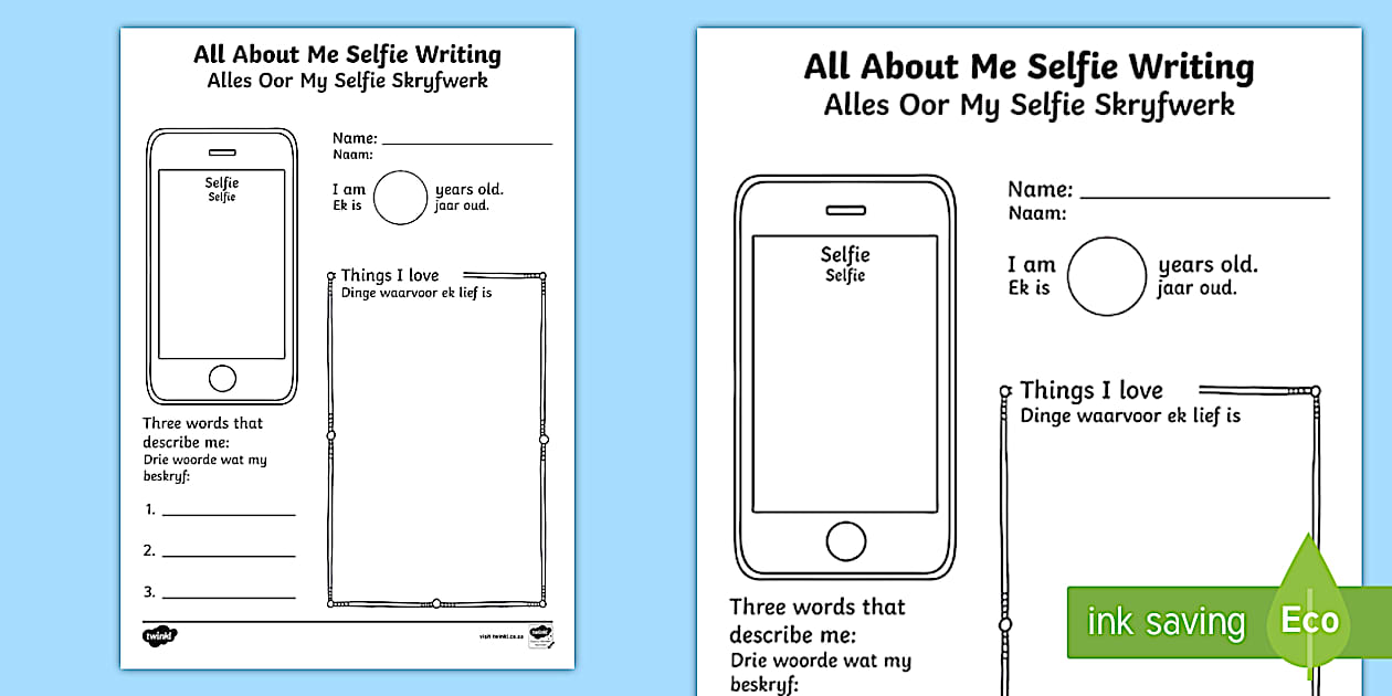 All About Me Selfie Writing Worksheet / Worksheet English/Afrikaans