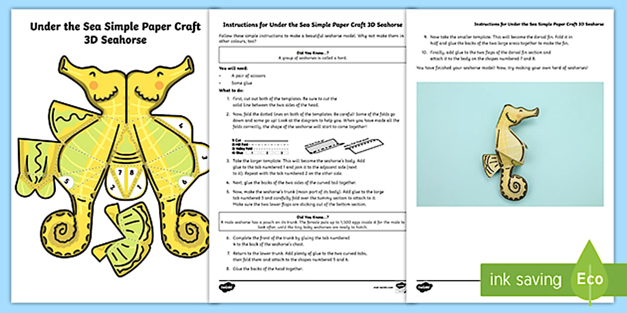 Under the Sea Simple 3D Seahorse (teacher made) - Twinkl