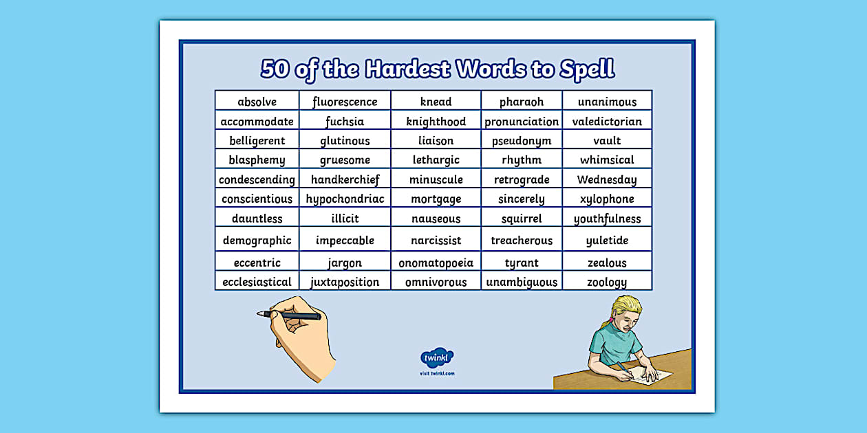 50 Hardest Words to Spell Word Mat