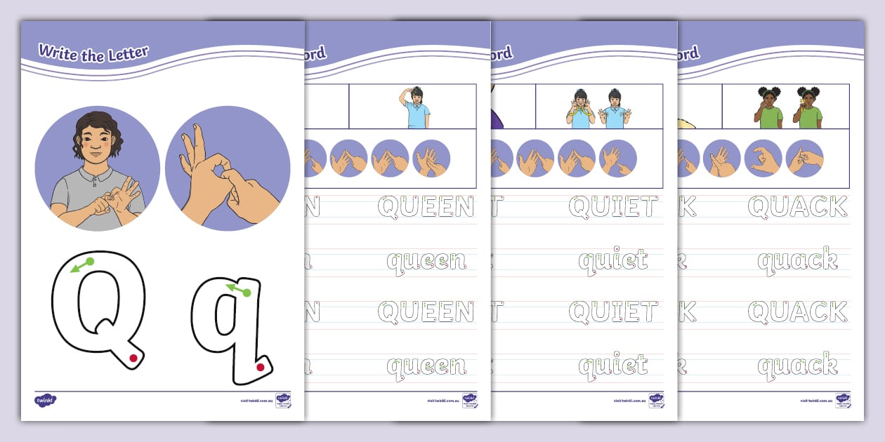 Words Starting with Q Handwriting Worksheets with Auslan