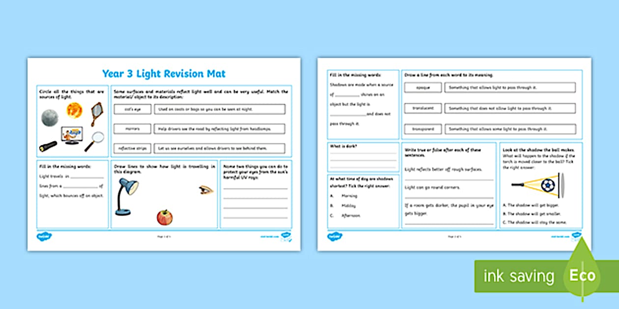 KS2 Year 3 Light Revision Activity Mat - Twinkl