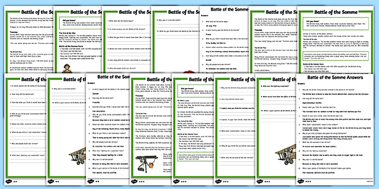 Battle of the Somme KS2 Differentiated Reading Comprehension Activity