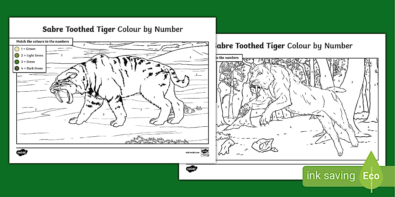 Sabre-Toothed Tiger Colour-by-Number Pages | Twinkl | KS1
