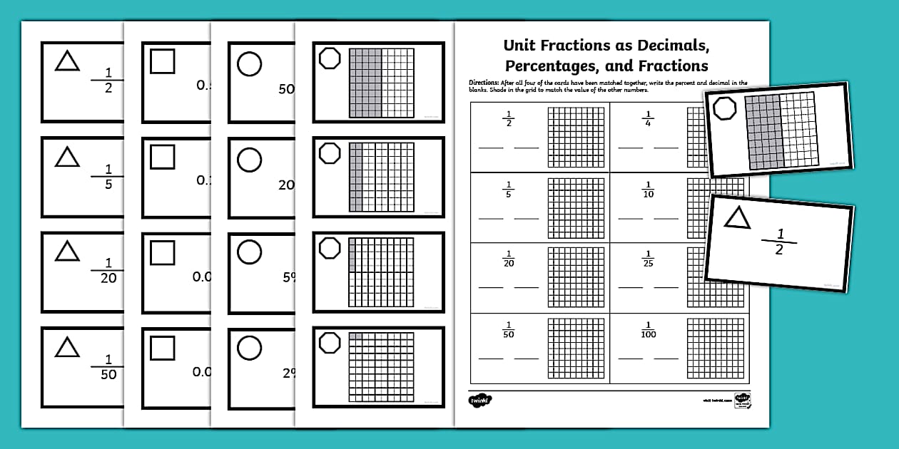 Sixth Grade Unit Fractions as Decimals, Percentages, and Fractions Matching