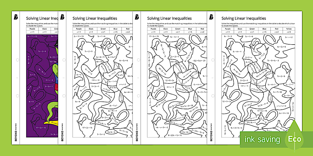 Solving Linear Inequalities: Colour by Numbers Worksheet