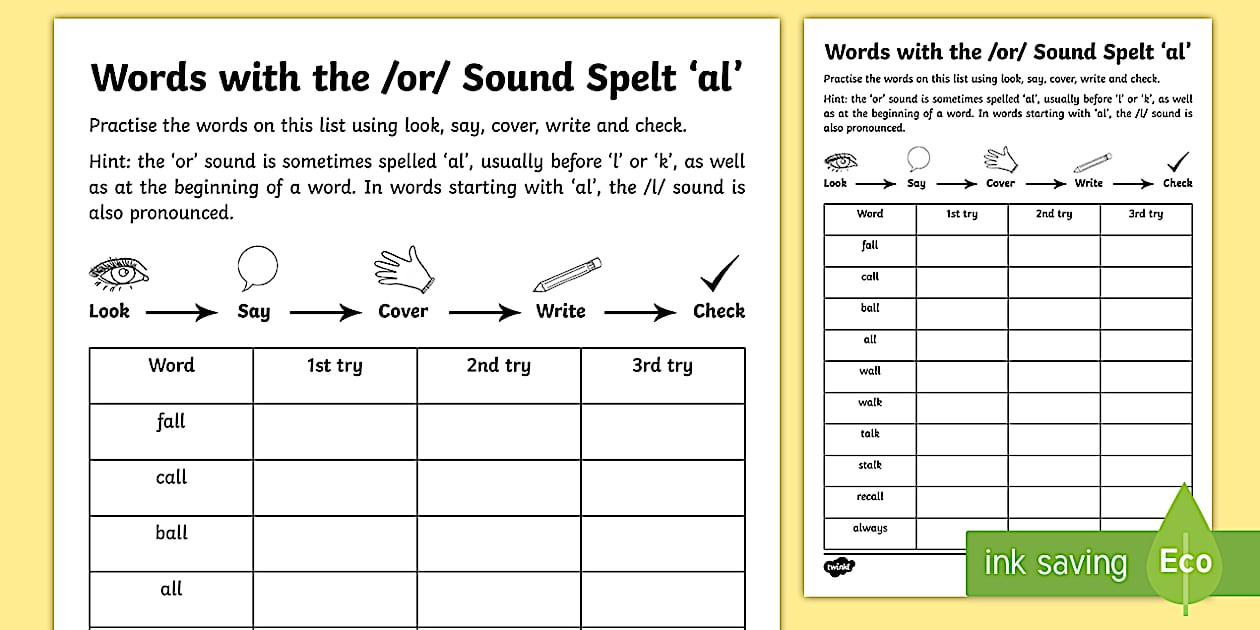 Year 2 Spelling Practice /or/ sound spelt 'al' Homework Worksheet ...
