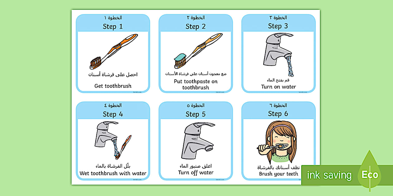 Brushing Teeth Step-by-Step Instructions - Arabic/English - الإنجليزية