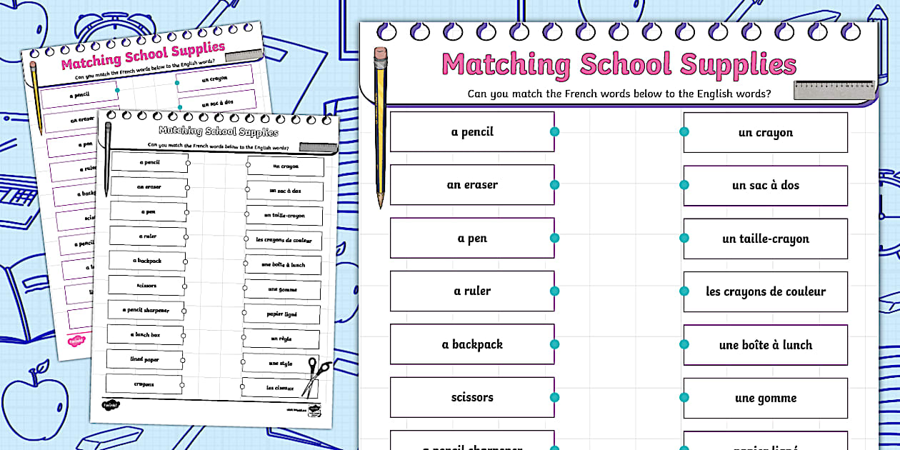 School Supplies in French Worksheet | Twinkl - Twinkl