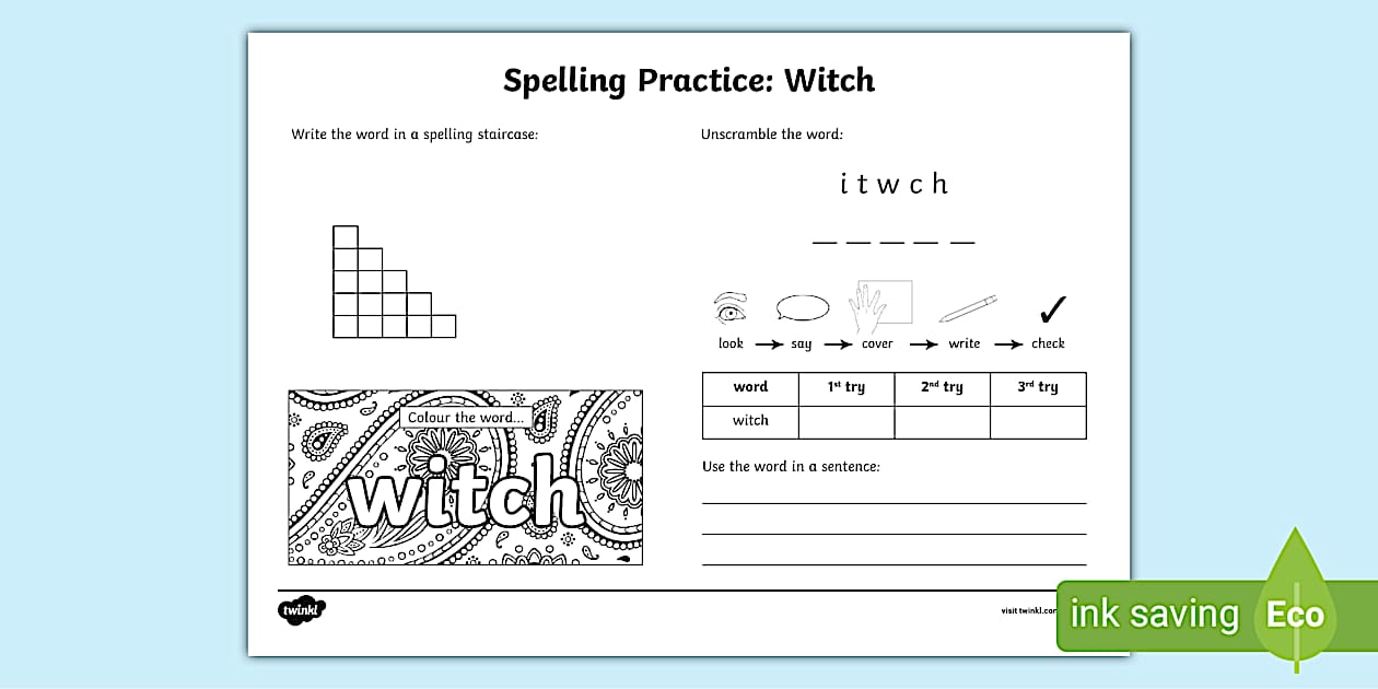 Witch Spelling Practice Worksheet (teacher made) - Twinkl