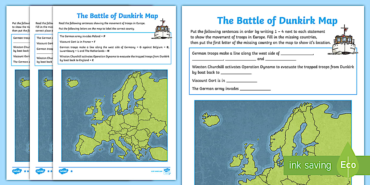 The Battle of Dunkirk Map Worksheet / Worksheet - Twinkl