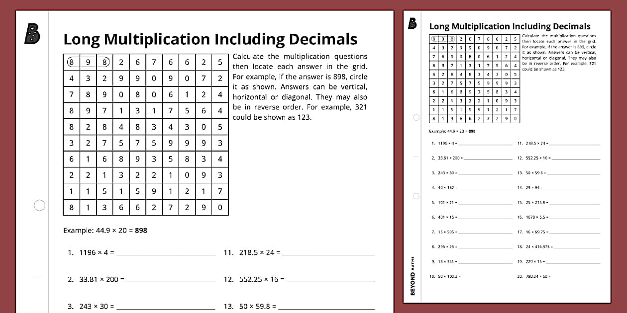 Long Multiplication Number Search Puzzle - Beyond Maths