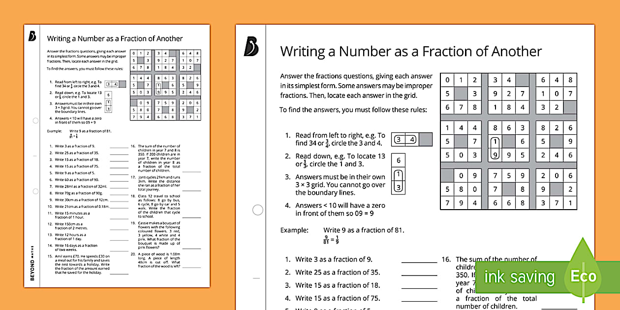 Number Grid: Writing a Number as a Fraction of Another
