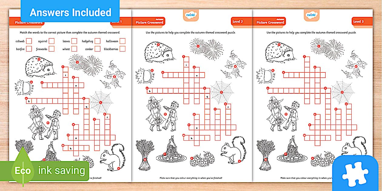 Fun Autumn Picture Crossword Puzzle Pack - AL - Twinkl