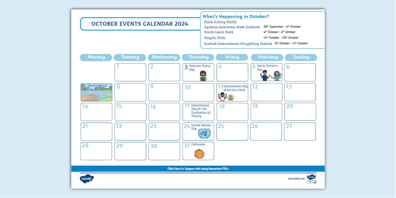 Interactive October Events First Level Teacher Calendar