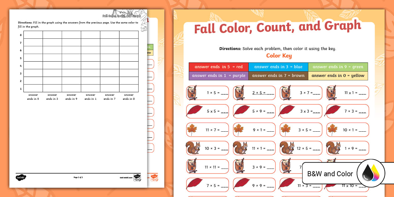 Fall Color, Count, and Graph Multiplication Worksheet for 3rd-5th Grade