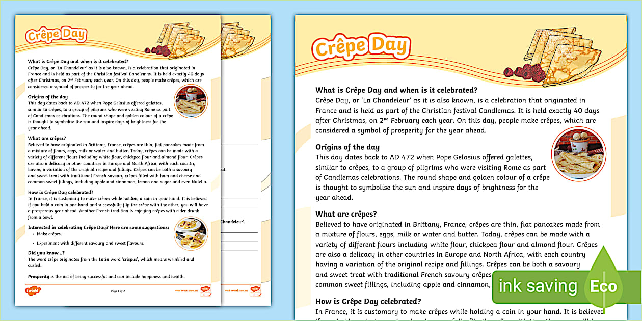 Crêpe Day Reading Comprehension (l'enseignant a fait)