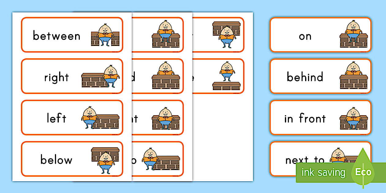 Humpty Dumpty Word Cards, Nursery Rhymes, Preposition Words