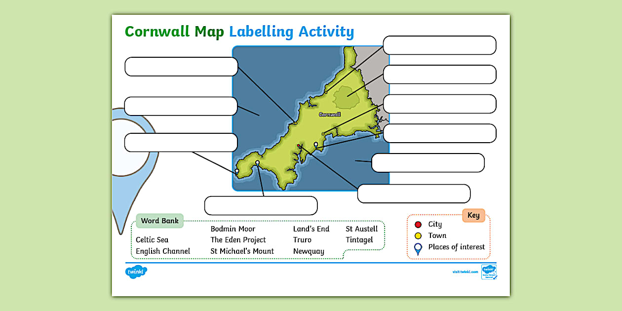 KS1 Cornwall Map Labelling Activity - Geography - Twinkl