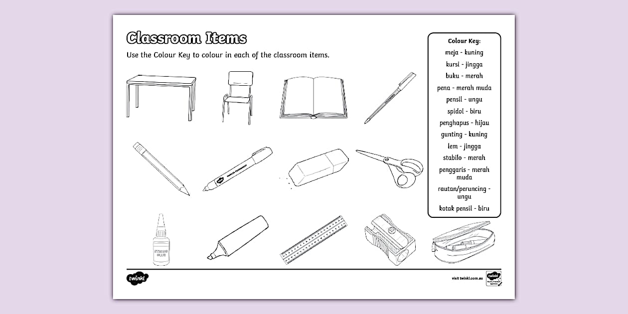 Classroom Items Colour by Numbers - Indonesian - Twinkl