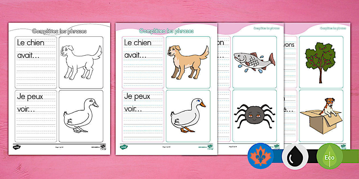 Simple Sentence French Writing Prompts, Lines and Pictures