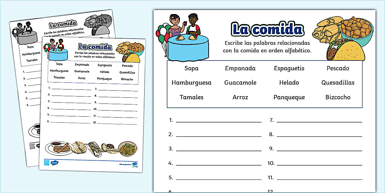 Hoja de actividad: Orden alfabético - La comida - Twinkl
