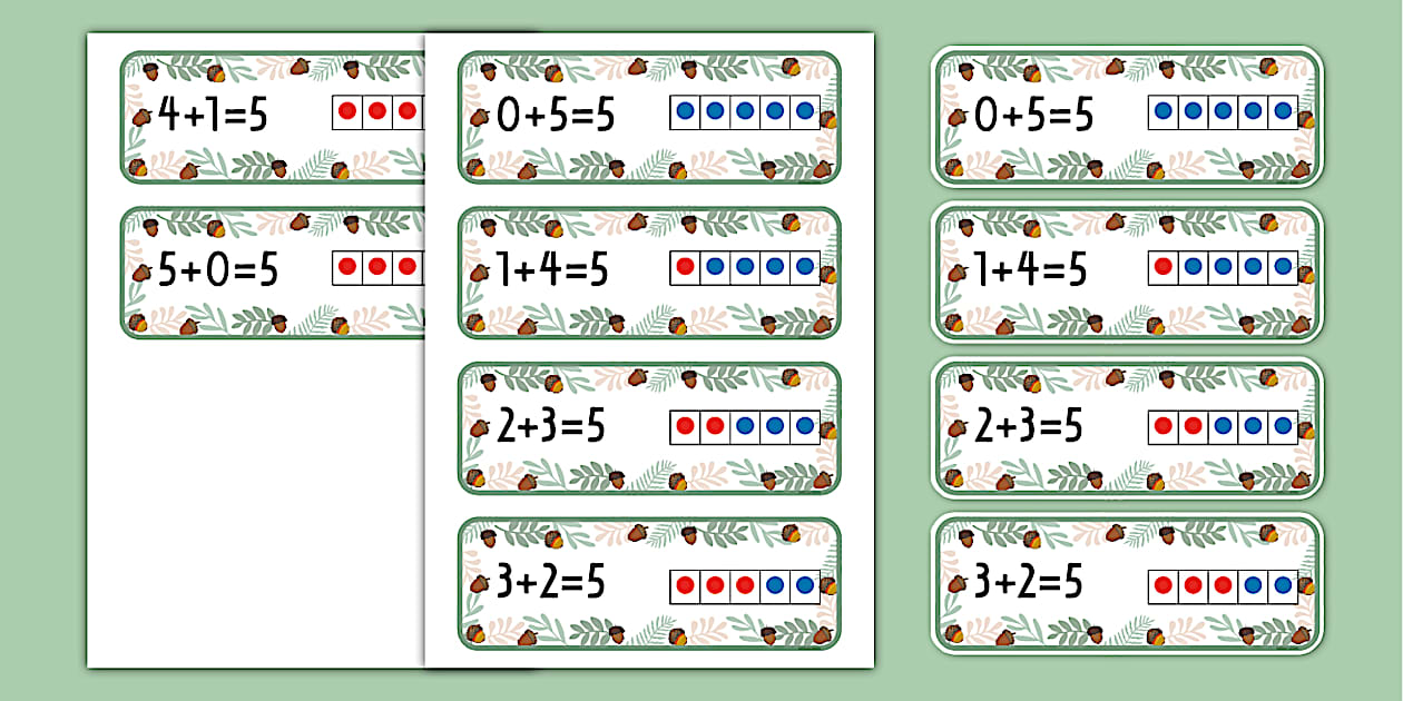 👉 Muted Botanical Themed Acorn Number Bonds of 5 Flashcards
