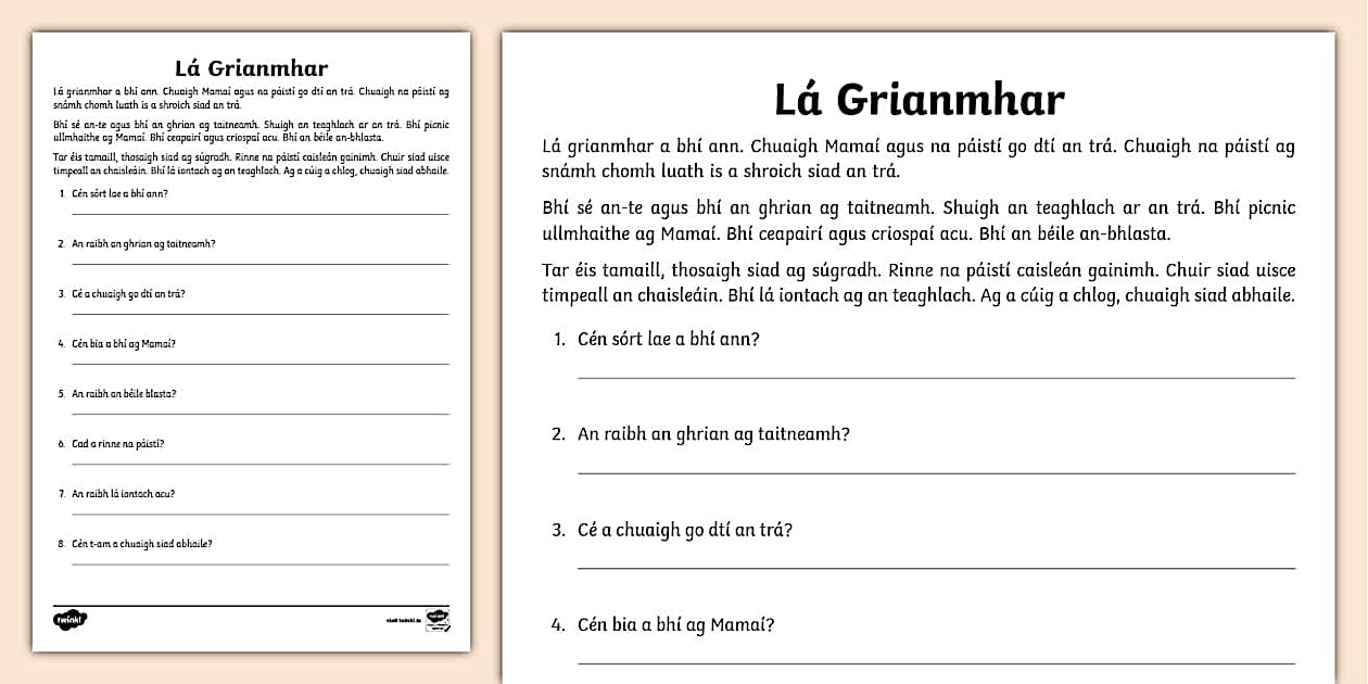 Lá Grianmhar | Gaeilge Reading Comprehension | Twinkl