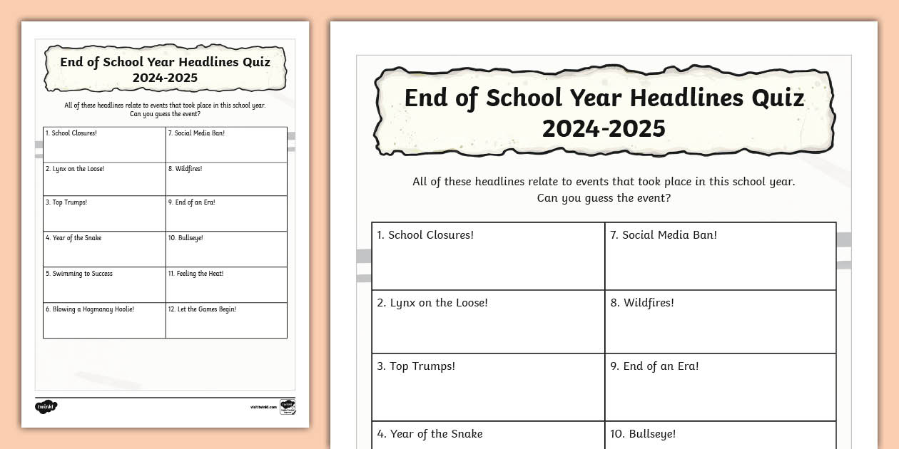 End of School Year Headlines Quiz 2024-2025 Activity Sheet