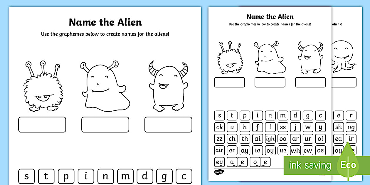 Phonics Screening Phase 2, 3 and 5 Name the Alien Worksheet / Worksheets