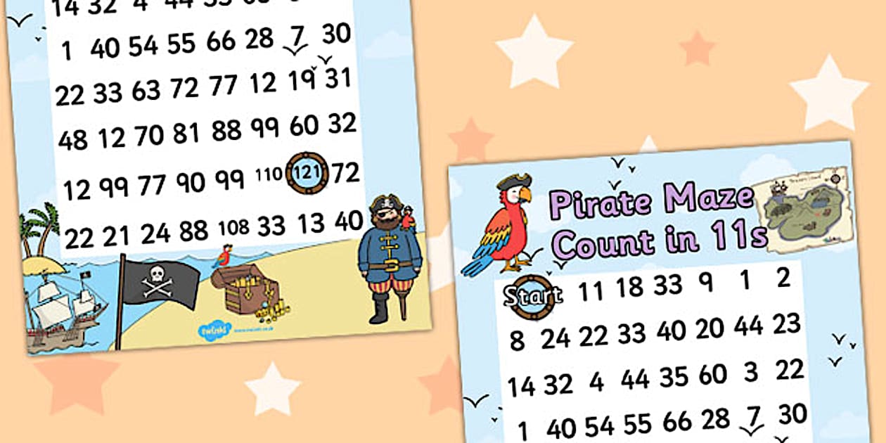 Black and White Pirate Themed Counting in 11s Maze Worksheet