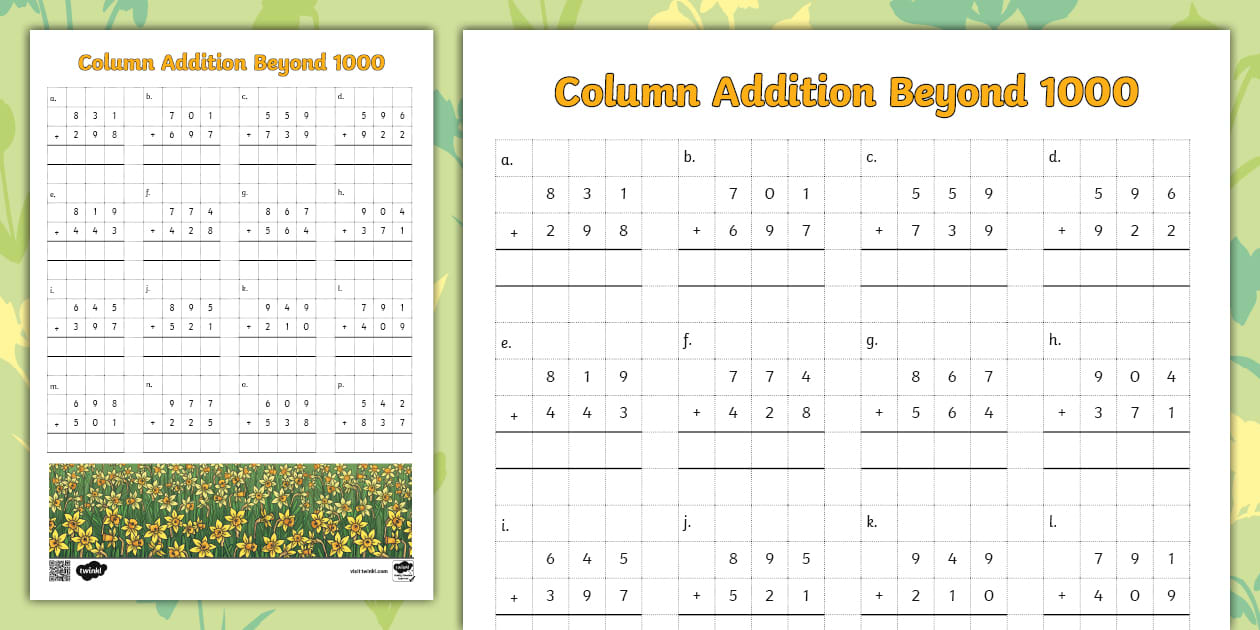 Spring-Themed 3-Digit Addition Beyond 1000 on Squared Paper