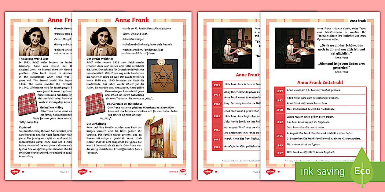 Anne Frank Differentiated Reading Comprehension Activity English/German