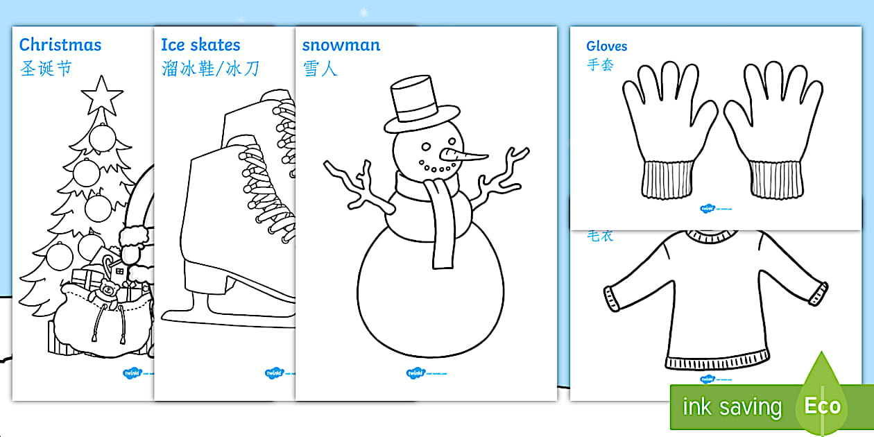 Winter Topic Colouring Pages English/Mandarin Chinese