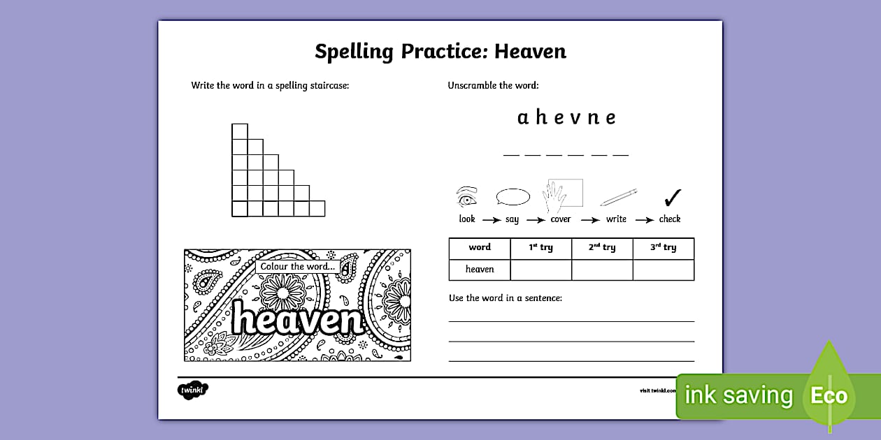 Heaven Spelling Practice Worksheet (Teacher-Made) - Twinkl