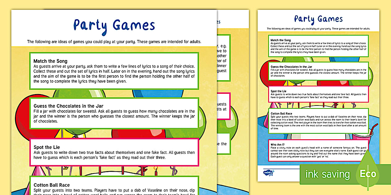 Teacher Party Games Idea Sheet | Wellbeing | Twinkl Life