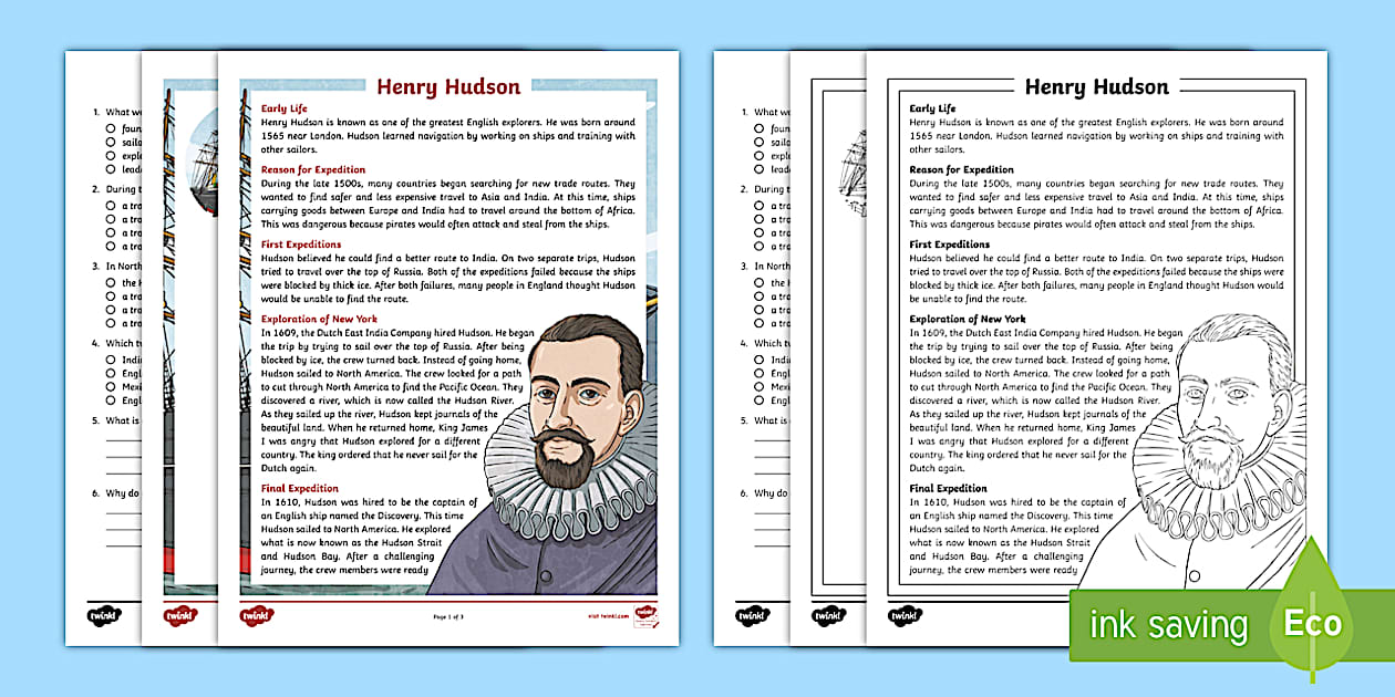 Henry Hudson Reading Comprehension Activity Worksheet